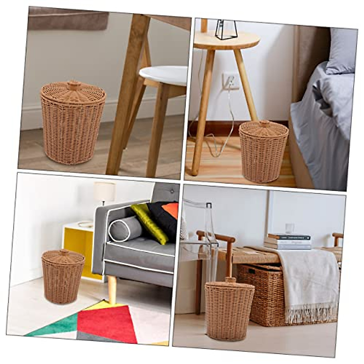 Yardwe 2pcs storage bucket with lid wicker storage basket seagrass plant pot paper waste basket woven flower pots small trash can wicker basket with lid rattan outdoor Iron office Toy