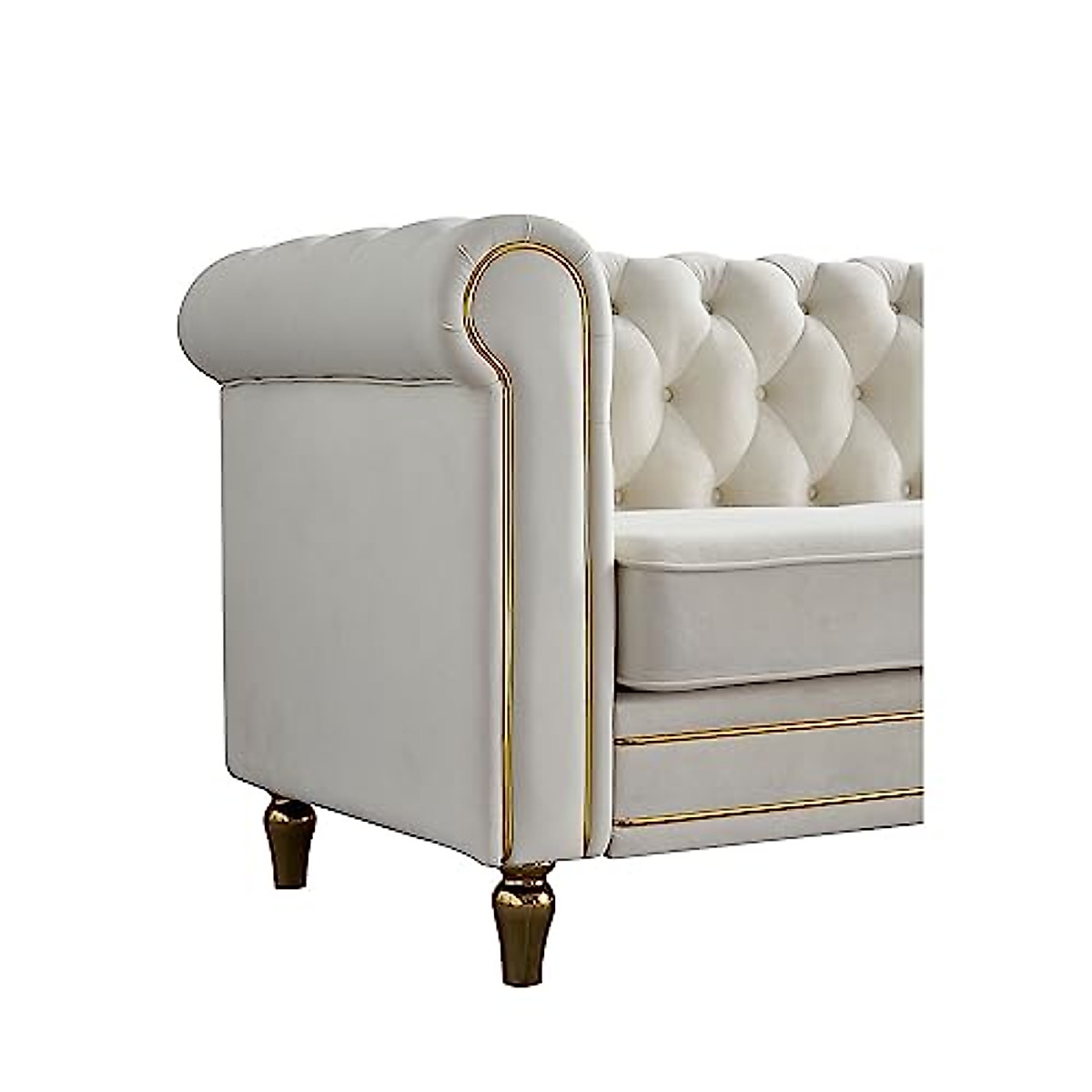 Goohome 84.65" Chesterfield Sofa, 3-Seater Velvet Deep Button Tufted Sofá Upholstered Love Seat Couches with Rolled Arm, Gold Strip Trim, for Bedroom Office Apartment Living Room Furniture, Beige