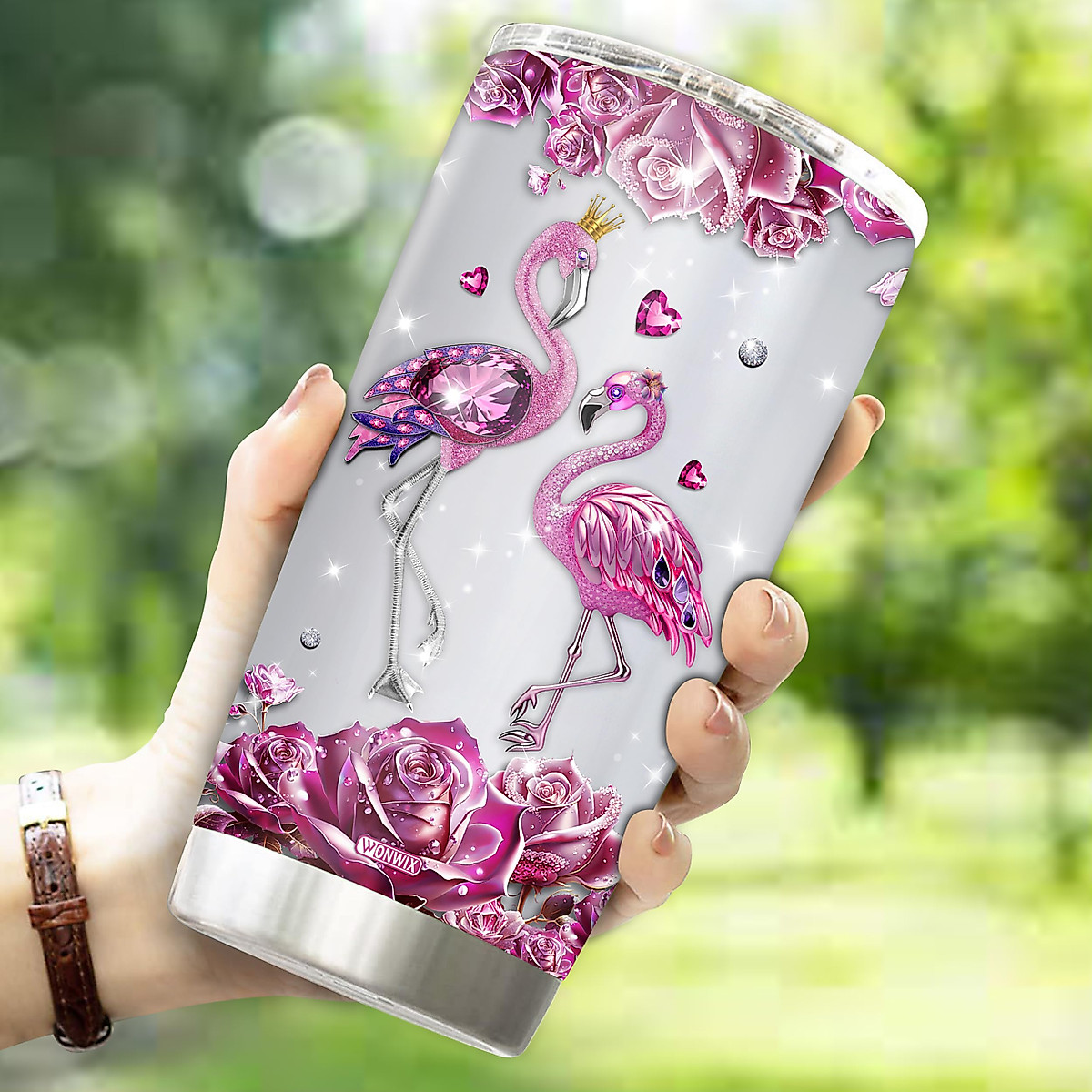 WONWIX Personalized Pink Flamingo Gifts For Women Adults Water Bottles Coffee Drinking Cup Teacher Kids Gift Jewelry Birthday Christmas Valentine 20oz Stainless Steel Tumblers With Lids