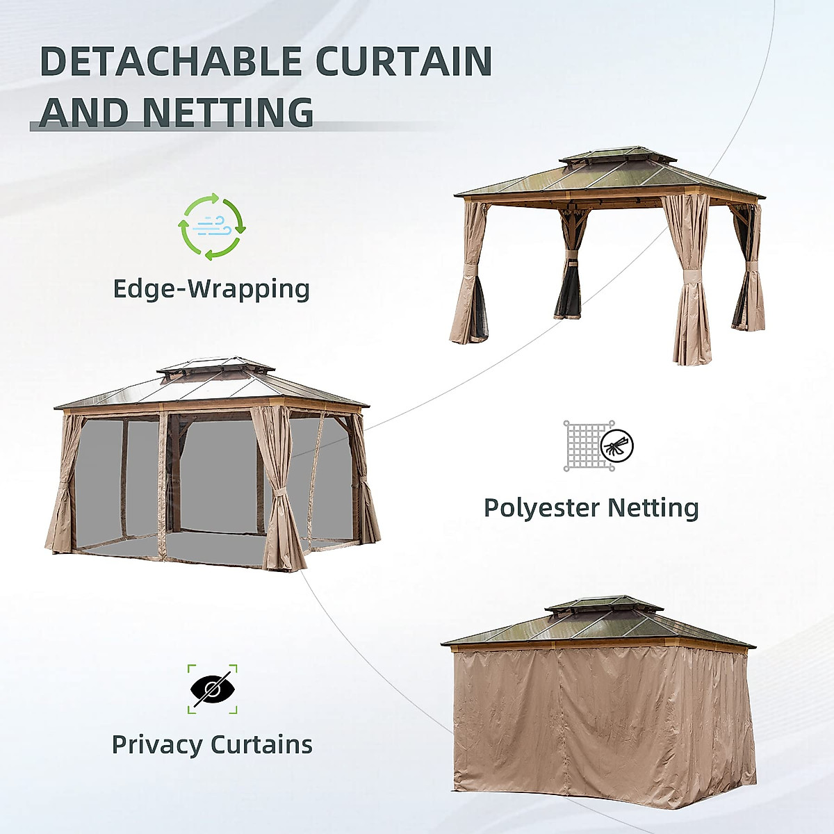 Domi 10' X 12' Hardtop Gazebo, Permanent Outdoor Gazebo with Polycarbonate Double Roof, Aluminum Gazebo Pavilion with Curtain and Net for Garden, Patio, Lawns, Deck, Backyard, Wood Looking