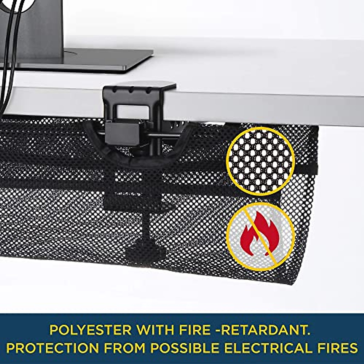 Under Desk Mesh Cable Management – 36 inch Cable Manager Tray for Cord Power Strip -No Drill Cable Management - Safe Wire Management Net for Desks, Office, and Home (Black)