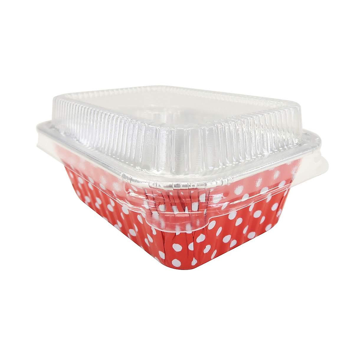 KitchenDance Disposable Aluminum Mini Loaf Pans with LIds - 6 Ounces Rectangular Individual Sized Loaf Pans, Oven Safe Aluminum Foil Baking Pans perfect for Cakes, Cobblers- #4004 (Red Polka Dot, 50)