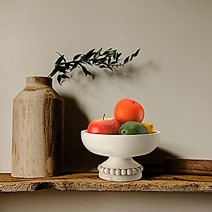 Amyhill Distressed Beaded Wood Pedestal Bowl Decorative Wooden Beaded Bowl White Wood Pedestal Bowl Beaded Serving Bowl for Farmhouse Kitchen Decor