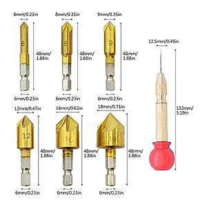 23-Pack Woodworking Chamfer Drilling Tool,5 Flute 90 Degree Countersink Drill Bits,Three Pointed Countersink Drill Bit with L-Wrench,Wood Plug Cutter Tool Drill Bits,Center Punch