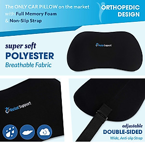 RELAX SUPPORT RS13-S Lumbar Support Pillow for Car - Full Memory Foam, Adjustable Dual Straps, Medium Firm - Promotes Good Spinal Posture&Comfortable Sitting While Driving - Back Support for Car Seat