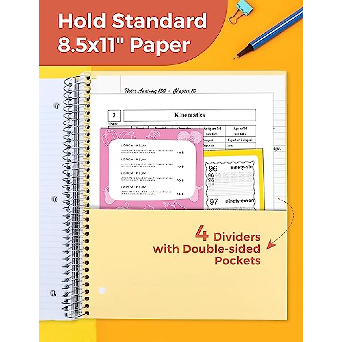 SUNEE Color Will Vary 5 Subject Notebook College Ruled - 200 Sheets, 8.5"x11", 4 Pocket Dividers, 3-Hole Punched Paper