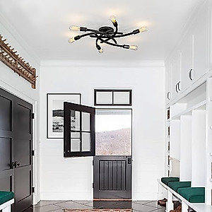 OUKAARY Industrial 6-Lights Semi Flush Mount Ceiling Light Fixture,Retro Black Metal Modern Sputnik Chandelier Ceiling Lamp, Mid Century Ceiling Lights with E26 Bulb Base for Farmhouse Kitchen,Room