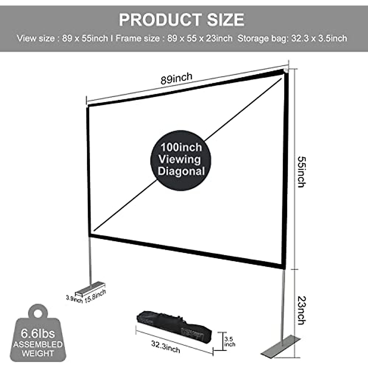 Projector Screen with Stand 100 inch Portable Projection Screen 16:9 4K HD Rear Front Projections Movies Screen with Carry Bag for Indoor Outdoor Home Theater Backyard Cinema Travel