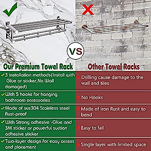 LELUXE Bathroom Towel Rack Shelves - SUS304 Stainless Steel Rustproof with Double Towel Bar & 5 Hooks, Shower Room Organizer, Shelf Holder, Bathroom Storage for Towels, Bathrobes, Shower Caddy, Brush