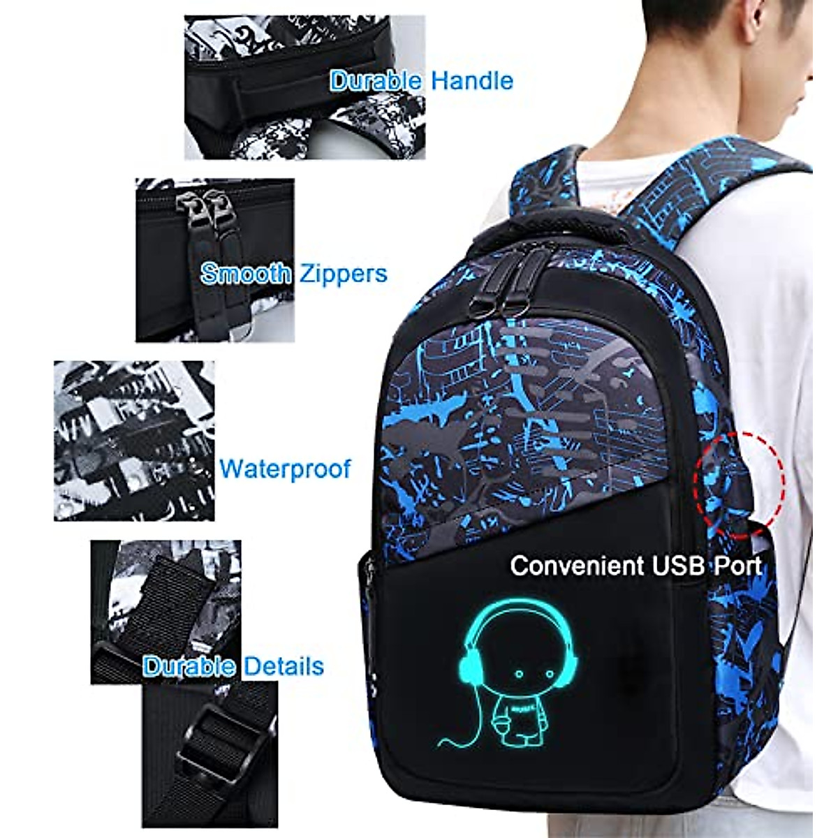 Oslimea Backpack for School Boys Backpacks Anime Cartoon Luminous Backpack Teens School Bag Cute Bookbag for Middle School High School Waterproof Laptop Backpack for Travel