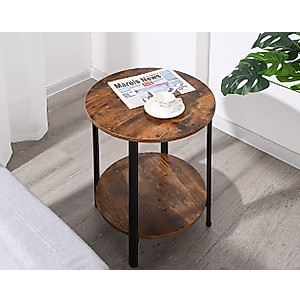 RokiaTek Round Sofa Side End Tables 2-Tier Industrial Bedside Nightsand Tables Steel Frame MDF Top, Easy Assembly for Small Spaces Living Room Bedroom Balcony, Matte Black and Rustic Brown