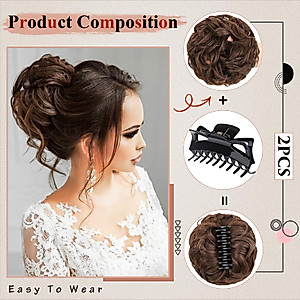 DeeThens Claw Clip in Messy Bun Hairpiece Curly Clip in Claw Bun Hair Pieces Combs add Ponytail Hair Pieces Synthetic Hair Extensions for Women (Medium Dark Brown)