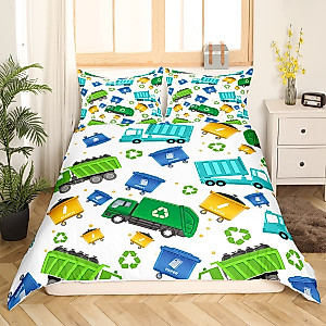 Feelyou Cartoon Garbage Truck Duvet Cover Green Trash Truck Bedding Set for Kids Boys Girls Teens Green Vehicle Car Comforter Cover Garbage Truck Toy Print Bed Set 2Pcs Zipper Twin Size (No Comforter)