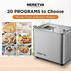 Neretva Bread Maker Machine , 20-in-1 2LB Automatic Breadmaker with Gluten Free Pizza Sourdough Setting, Digital, Programmable, 1 Hour Keep Warm, 2 Loaf Sizes, 3 Crust Colors - Receipe Booked Included (Sliver)