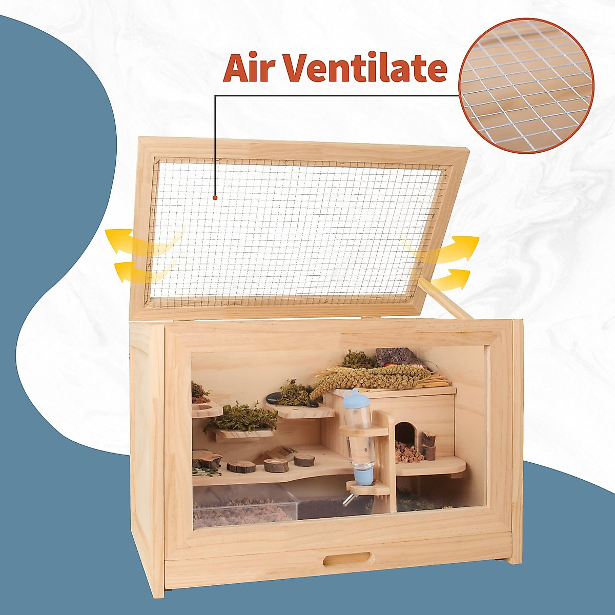 Wooden Hamster Cage and Hideout (23.6" L x 15.7" W x 15.7" H) for Small Animal, Syrian Hamster, Guinea Pig, Gerbil, 2-Tiers with Shelf and Ladder, Waterproof Pull-Out Tray, Natural Wood