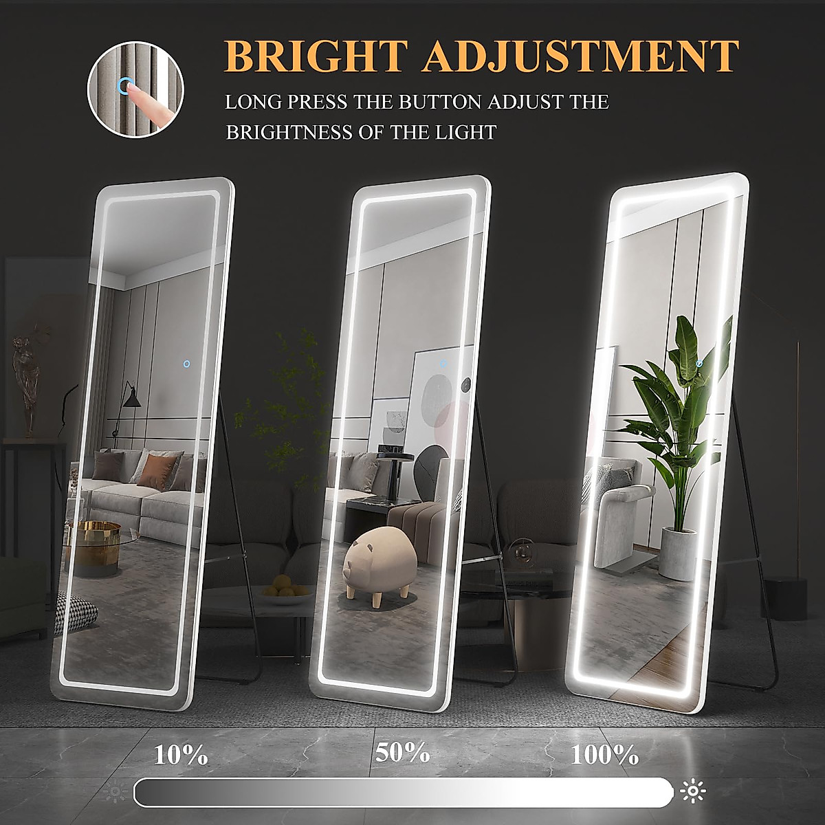 LVZORY 63"x20" Full Length Floor Mirror Dimming Lights Bedroom Tall Full-Size Body Lighted Free Standing Wall Mounted Hanging Dressing Mirror Touch Control (White 20"),