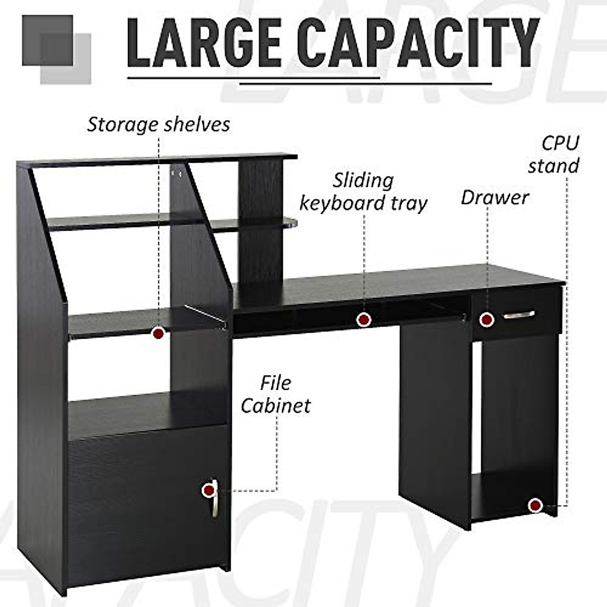 HOMCOM Computer Desk with Sliding Keyboard & Storage Shelves, Cabinet and Drawer, Home Office Gaming Table Workstation, Black Wood Grain