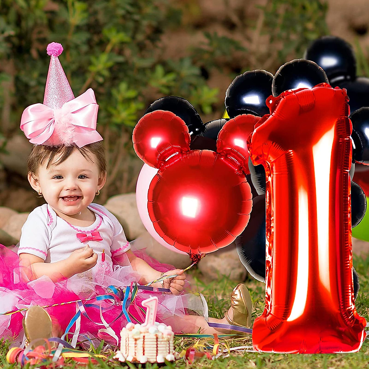 Cadeya Mouse Number 1 Birthday Balloons, 40”Black Red Aluminum Foil Balloons for Mouse Clubhouse 1st Birthday Party, Kids Theme Party Decoration Supplies