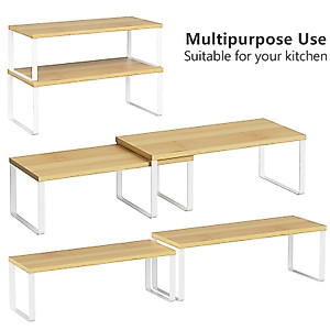 NEX Kitchen Cabinet and Counter Shelf Organizer, Stackable & Expandable, Set of 4, White and Natural - 7.7 x 15.6 x 6.2''