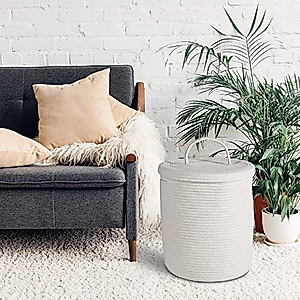Cotton Rope Storage Basket with Lid | Large Woven Baskets and Handles 15" x 13" | for Nursery, Laundry, White Round Hamper, Home Living Room Floor, Toy Organizing bins, Blanket, Pillow and Big