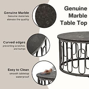 Furniture of America Davis Modern Round Coffee Table with Marble Top & Sturdy Metal Legs & Open Shelf for Living Room, Apartment, Small Space, Black