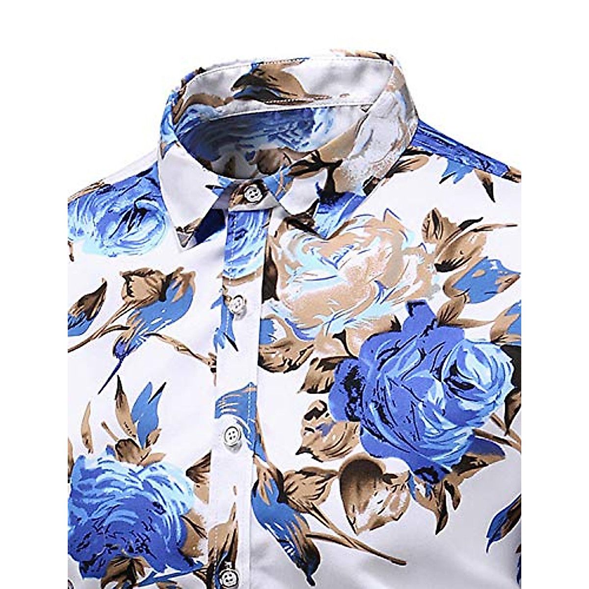 Men's Slim fit Printed Long-Sleeve Button-Down Dress Floral Shirt (Large Chest: 45.7 inch, White Blue)