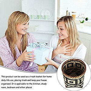 Housoutil Woven Waste Paper Bin: Round Wicker Rubbish Basket Rustic Wastebasket Garbage Can Sundries Container Flower Holder Pot Planter for Bathrooms Kitchens Home Office