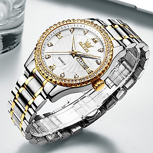 OLEVS Mens Watches Diamond Luxury Business Dress White Wrist Watch Quartz Stainless Steel Day Date Waterproof Luminous