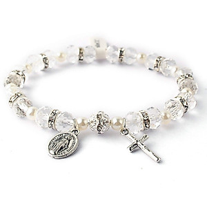 HanlinCC Women's Beaded Stretch Rosary Bracelet with Crucifix and Miraculous Medal (White)