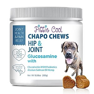 Pittie Cool Chapo Chews, 120 Glucosamine Hip & Joint Supplement for Dogs, Extra Strength, Chondroitin, MSM, Probiotics, Hemp & Salmon Oil. Treats Arthritis, Pain & Inflammation, Mobility, Gut Health