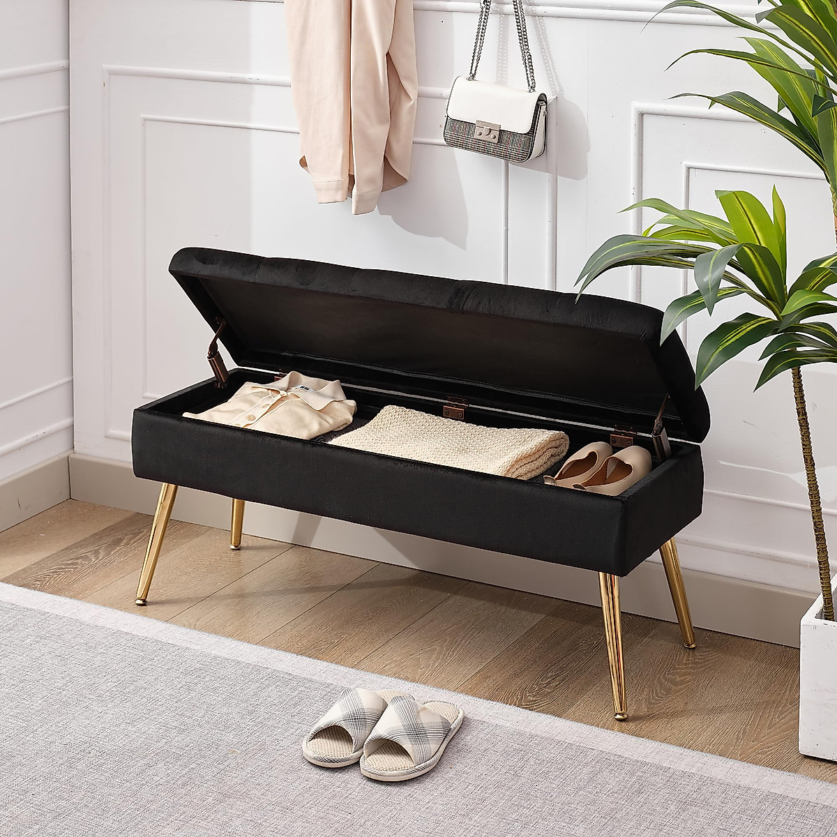 TENLLEY Storage Bench-Entryway Bench,Ottoman for Bedroom End of Bed,Modern Velvet Benche Bedroom Benches for Foot of Bed,Upholstered Bench with Golden Legs 40" Black