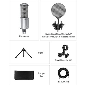 Donner Condenser Microphone, Recording Microphone for Vocal, Instruments & Music, Podcast XLR Microphone for Beginners with Pop Filter, Shock Mount, Optimized Frequency, Ideal for Home Studio, DC-20