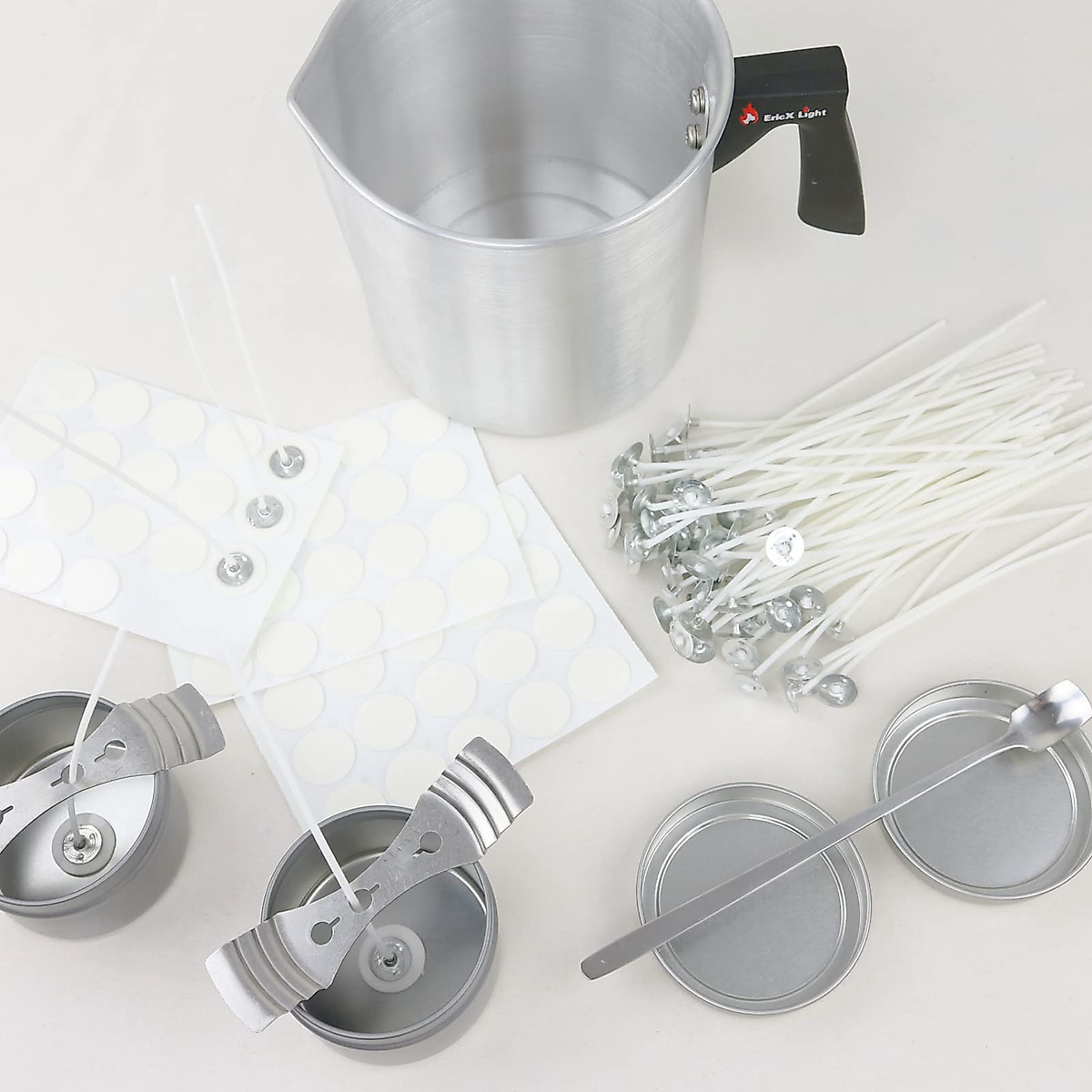 EricX Light Candle Making Kit, 60pcs Candle Wicks, 60pcs Candle Wicks Sticker, 1pc Candle Wax Pouring Pot, 2pcs 3-Hole Wicks Centering Devices, 1pc Mixing Spoon, DIY Candles Craft Tools