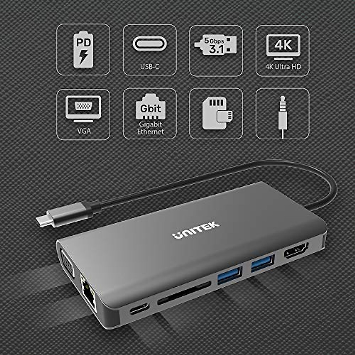 UNITEK Hub USB-C with Power Delivery, HDMI v.1.4 4K@30Hz, Ethernet/Internet Connection, 2 x USB 3.0, USB C with PD 100 W, 20 V/5 A, SD Card Reader, 3.5 mm Audio Connection, Aluminium, Grey