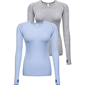 2 Pieces Women Long Sleeve Workout Shirt Seamless Workout Shirts with Thumb Holes Fitted Top Sports Yoga Athletic Shirt Top (Gray, Blue, X-Small)