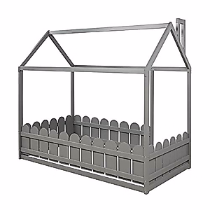 House Bed Frames with Pine Wood Roof and Fence for Kids, Teens, Boys or Girls, Box Spring Needed(Slats Kit Not Included) Platform, Twin, Gray
