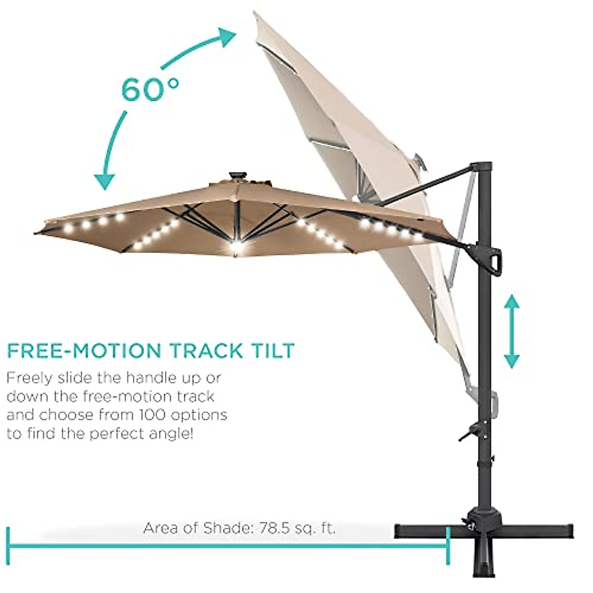 Best Choice Products 10ft Solar LED Cantilever Patio Umbrella, 360-Degree Rotation Hanging Offset Market Outdoor Sun Shade for Backyard, Deck, Poolside w/Lights, Easy Tilt, Cross Base - Tan