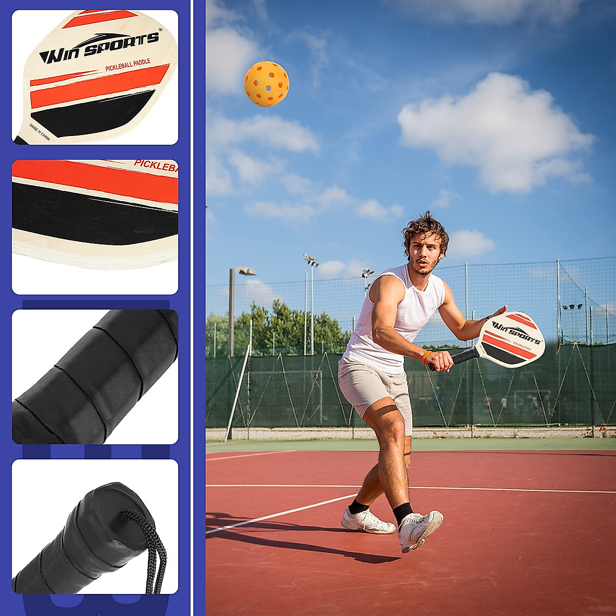 WIn SPORTS Wooden Pickleball Paddles Set 2 Beginner Racket,Pickle Ball Paddles with 2 Paddles,4 Balls and 1 Carry Bag,Durable and Classic (Wooden Version)