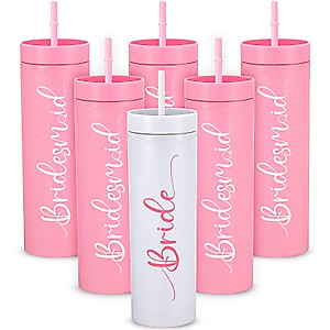 Gerrii 6 Sets Bridesmaid Proposal Gifts 15 oz Plastic Bridesmaid Cups Pink Bridesmaids Tumbler with Lids and Straws Water Bottle for Engagement Wedding Bridal Bachelorette Party