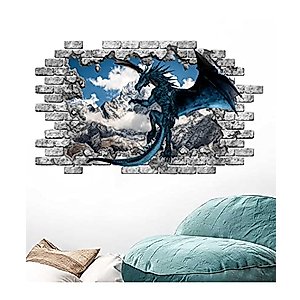 Blue Dragon Wall Decal, Mountains Removable Vinyl Sticker, Dragon Wall Mural, Peel and Stick, Dragon Bedroom Decor NT23