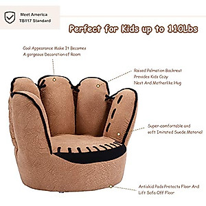 Costzon Kids Couch, Toddler Chair Sofa with Solid Wood Frame & Baseball Glove Design, Children Armchair for Play Room, Nursery, Kindergarten, Kids Room, Gift for Boys & Girls, Kids Sofa (Brown)
