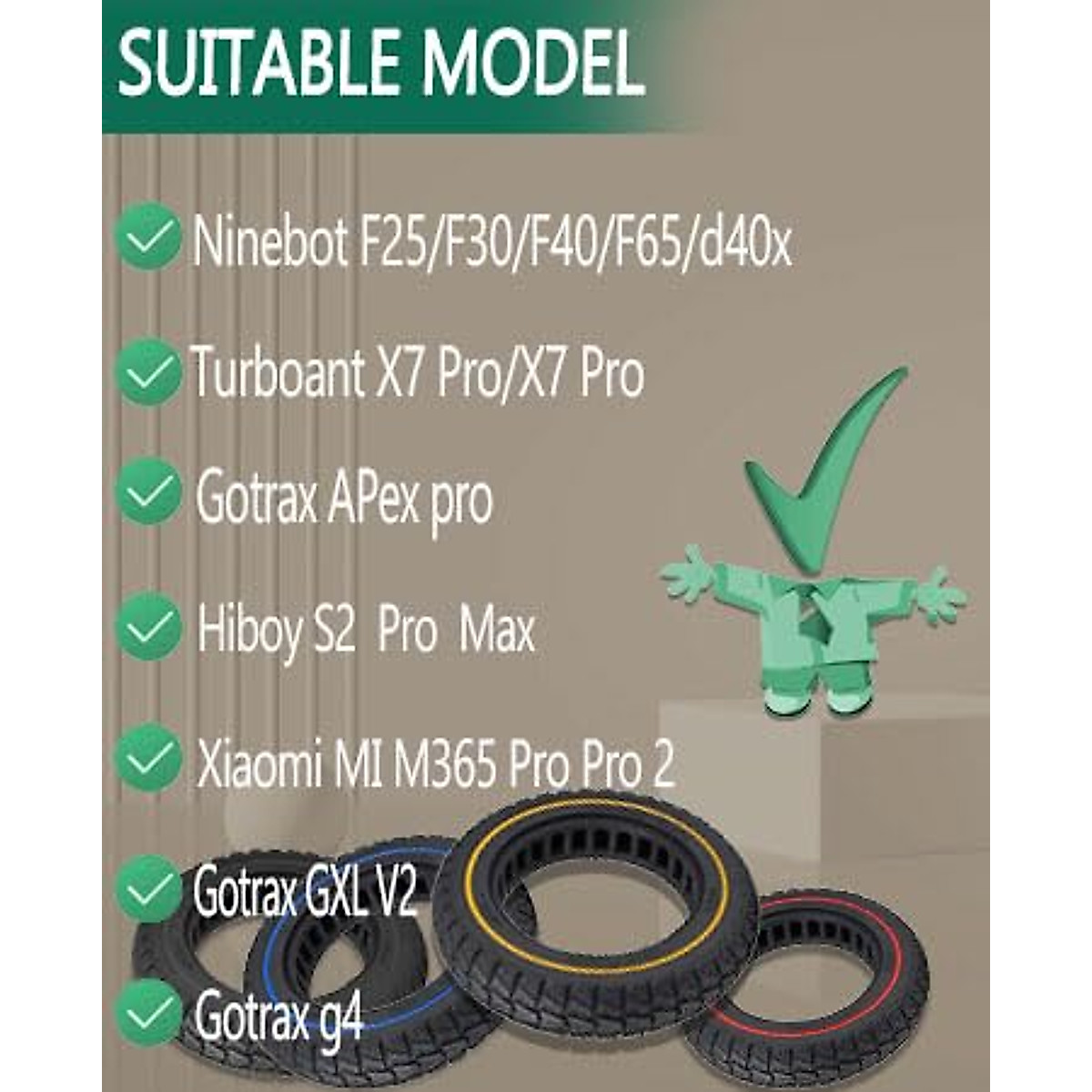 GLDYTIMES 10X2.125 Solid Tire: 50/75-6.1 Tires Replacement for Gotrax G4 GXL V2 Ninebot D40x F25 F30 F35 F40 F45 F60 Electric Scooter, 10x2/54-152, 10 Inch Off Road Front Rear Tubeless Wheel