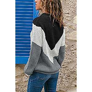 Acelitt Women's Ladies Winter Casual Warm Thick Long Sleeve Crewneck Color Block Contrast Knit Pullover Sweaters Tops Jumpers Black Large