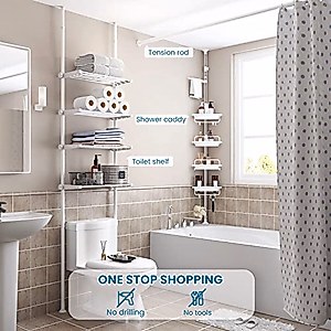 ALLZONE Bathroom Organizer, Over The Toilet Storage, 4-Tier Adjustable Shelves for Small Room, Saver Space, 92 to 116 Inch Tall, White