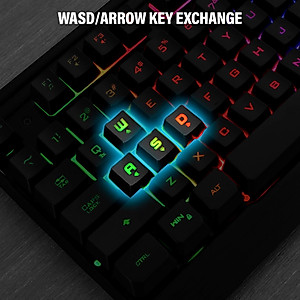 Rosewill NEON K54 Wired Membrane Gaming Keyboard, 9 RGB LED Backlight Effects, 104 Keys, 19-Key Anti-Ghosting, WASD and Arrow Keys Exchange, 8 Multimedia Hotkeys, Slim Profile Floating Keycaps