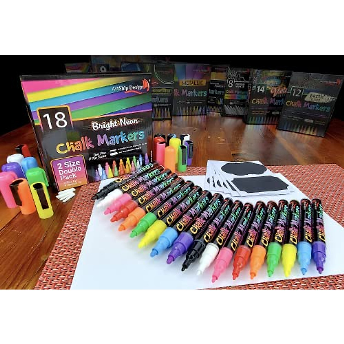 18 Classic Neon Chalk Markers Double Pack of Both Fine and Reversible Medium Tip Liquid Chalk Pens Wet Erasable - Menu Boards, Glass, Windows, White Boards, Classrooms, Mirrors, Chalk Boards, Plastic