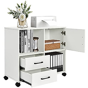 Giantex Printer Stand Under Desk - Mobile File Cabinet with 2 Drawers, Lateral Cabinet, 2 Open Compartments, Lateral Rolling Filing Cabinet on Wheels for Home & Office Use Printer Table (White)