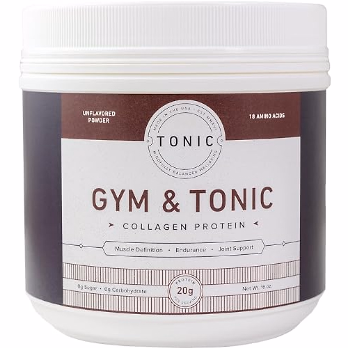 Gym & Tonic Low Calorie Collagen Protein Powder with 18 Amino Acids - Unflavored, Non-GMO, 0 Sugar, 0 Carbs, 20 Grams Clean Protein Per Serving, 1lb