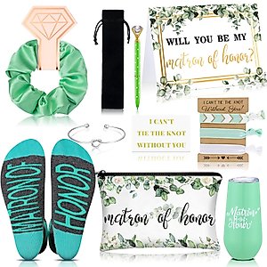 13Pcs Bridesmaid Proposal Gifts Maid of Honor Gifts Matron of Honor Gift Will You Be My Bridesmaid Gift Box Set Wine Tumblers Socks Scrunchie Pen for Wedding Bachelorette Party Supply (Bright)