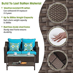 May in Color 7 Pieces Outdoor Patio Furniture Set, Wicker Conversation Set with Ottomans Cushions, Sectional Lounge Chair Sofa with Coffee Table, for Porch Deck Poolside Garden Balcony Backyard, Blue